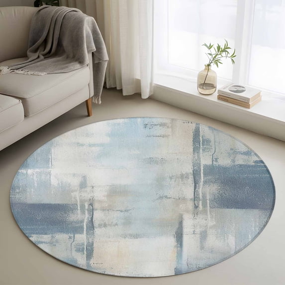 Round Area Rug 3ft, Blue Gradient Oil Painting Abstract Style Non-Slip ...
