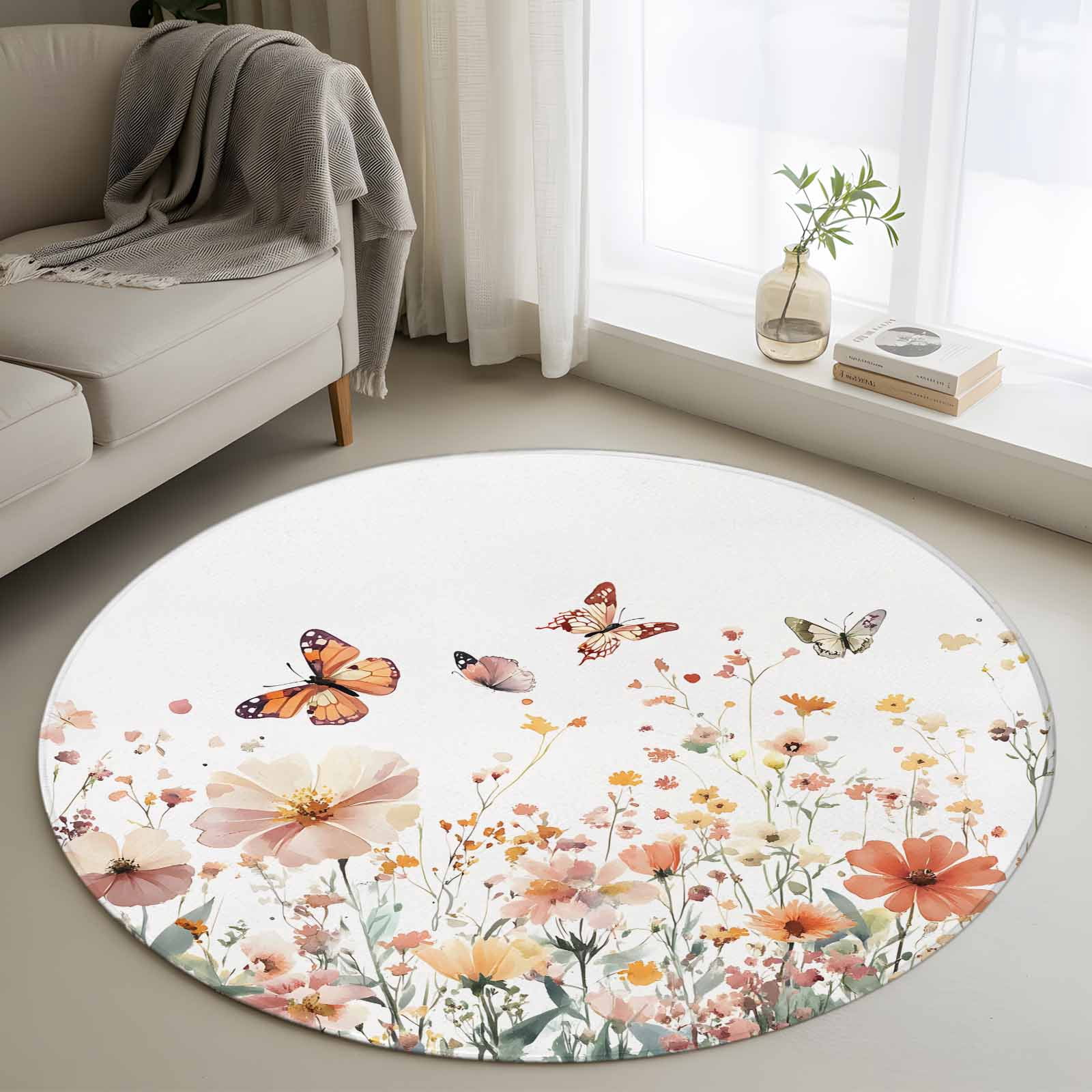 Round Area Rug 3ft Butterfly Flower Circle Kitchen Mats Non-Slip ...