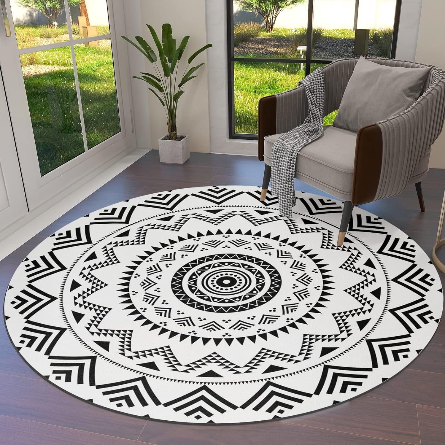 Round Area Rug 3ft Geometric Mandala Black White Floor Carpets Washable ...