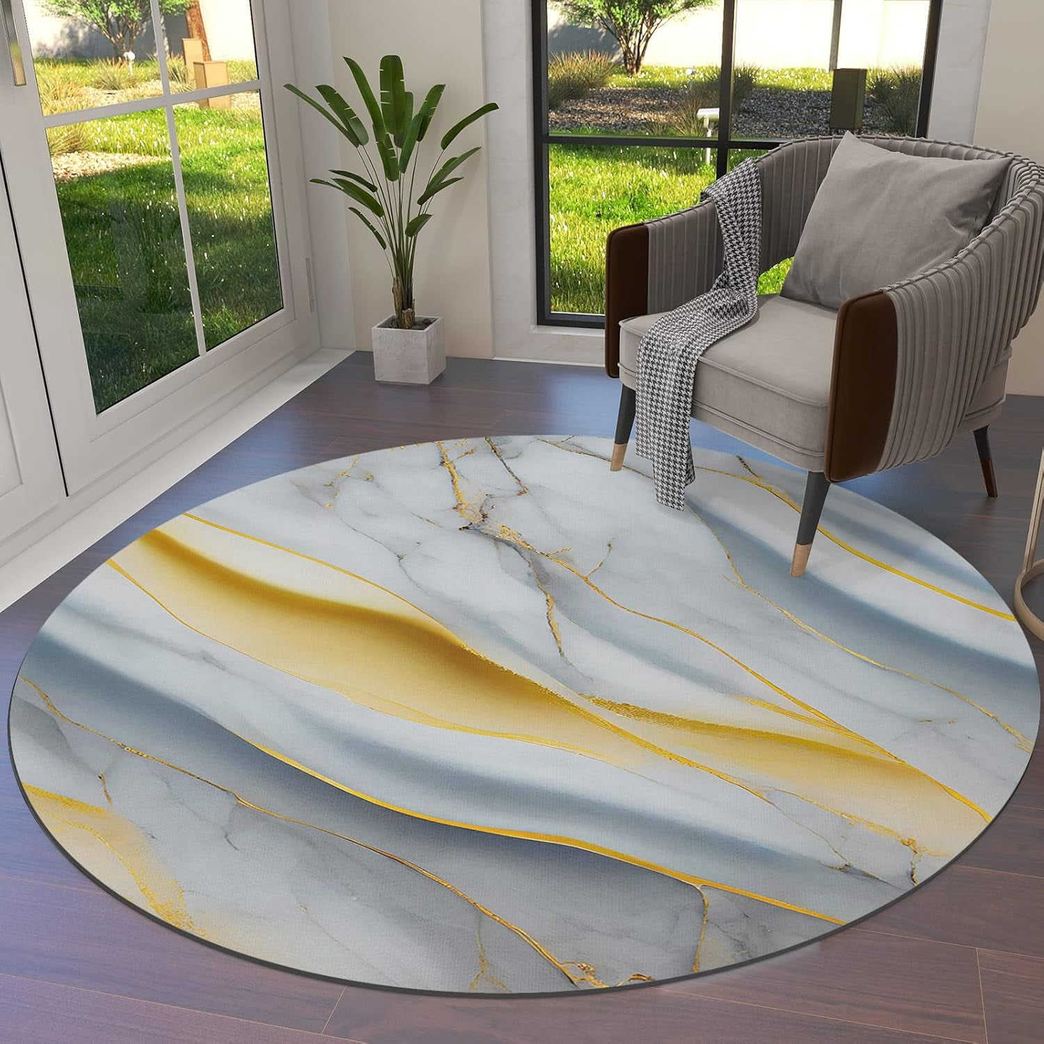 Round Area Rug 3ft Grey Marble Floor Carpets Washable Indoor Floor Area ...