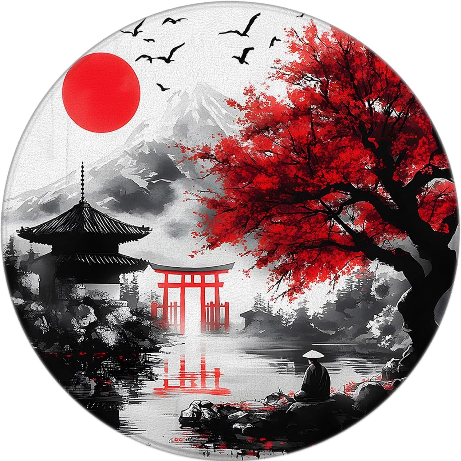 Round Area Rug 3ft Japanese Cherry Blossom Watercolor Black Red Floral ...