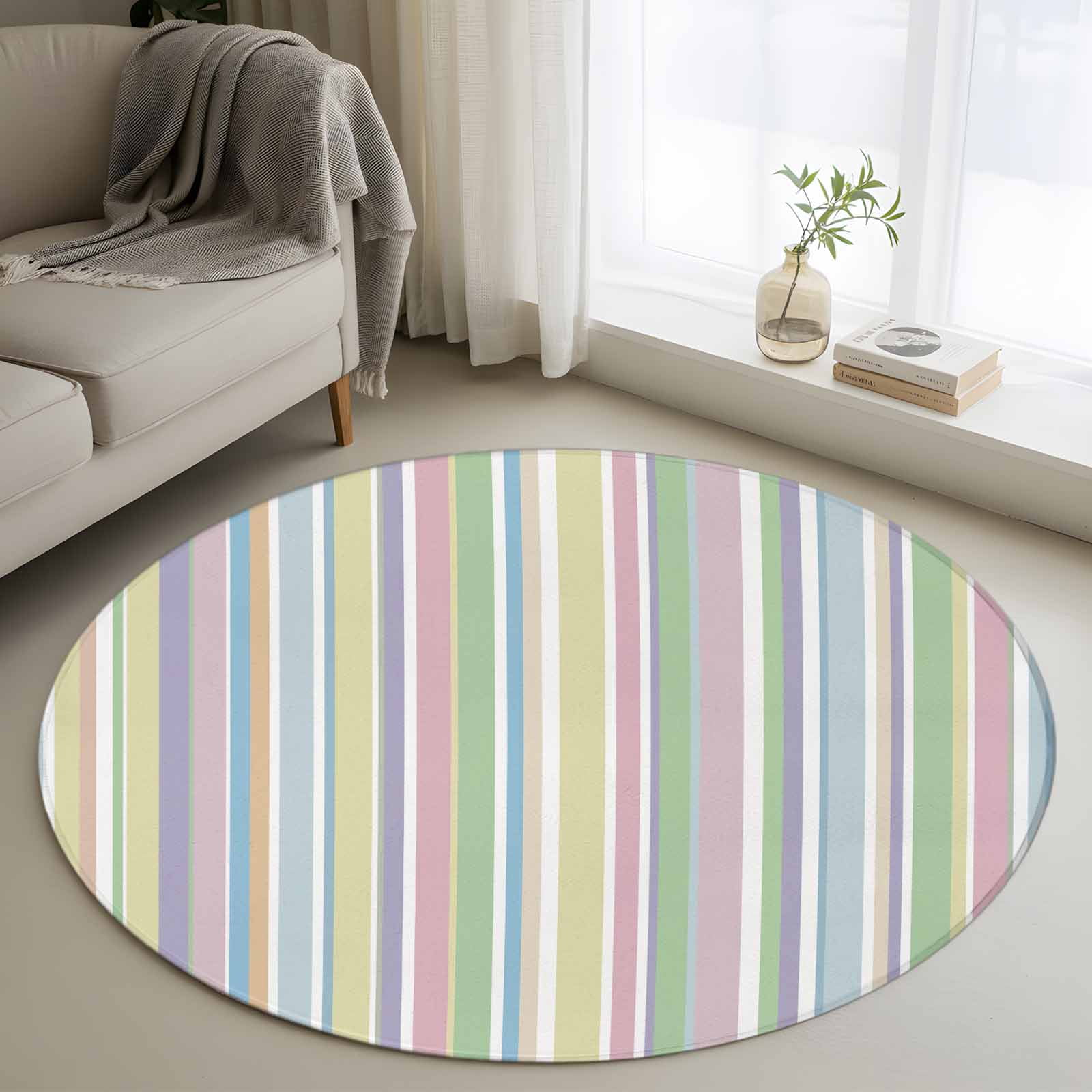 Round Area Rug 3ft, Pastel Colores Vertically Striped Geometric Art Non ...