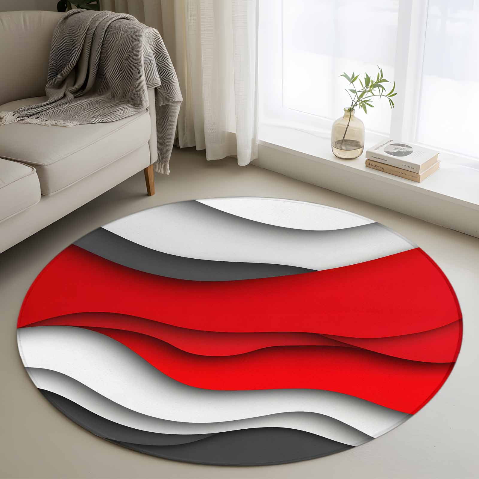 Round Area Rug 3ft, Red White Black Gradient Ocean Waves Non-Slip Non ...