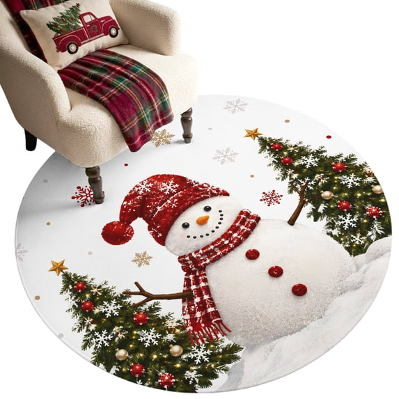 Round Area Rug - 3ft Snowman Pine Tree Snowflake Non Slip Washable ...