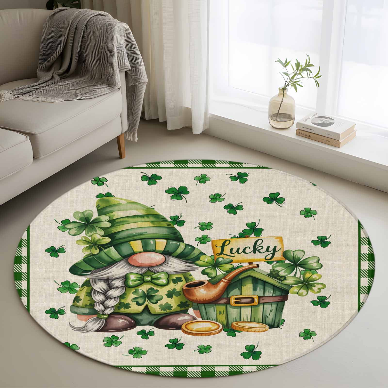 Round Area Rug 3ft, St.Patrick Green Leaves and Cute Dwarf Non-Shedding ...