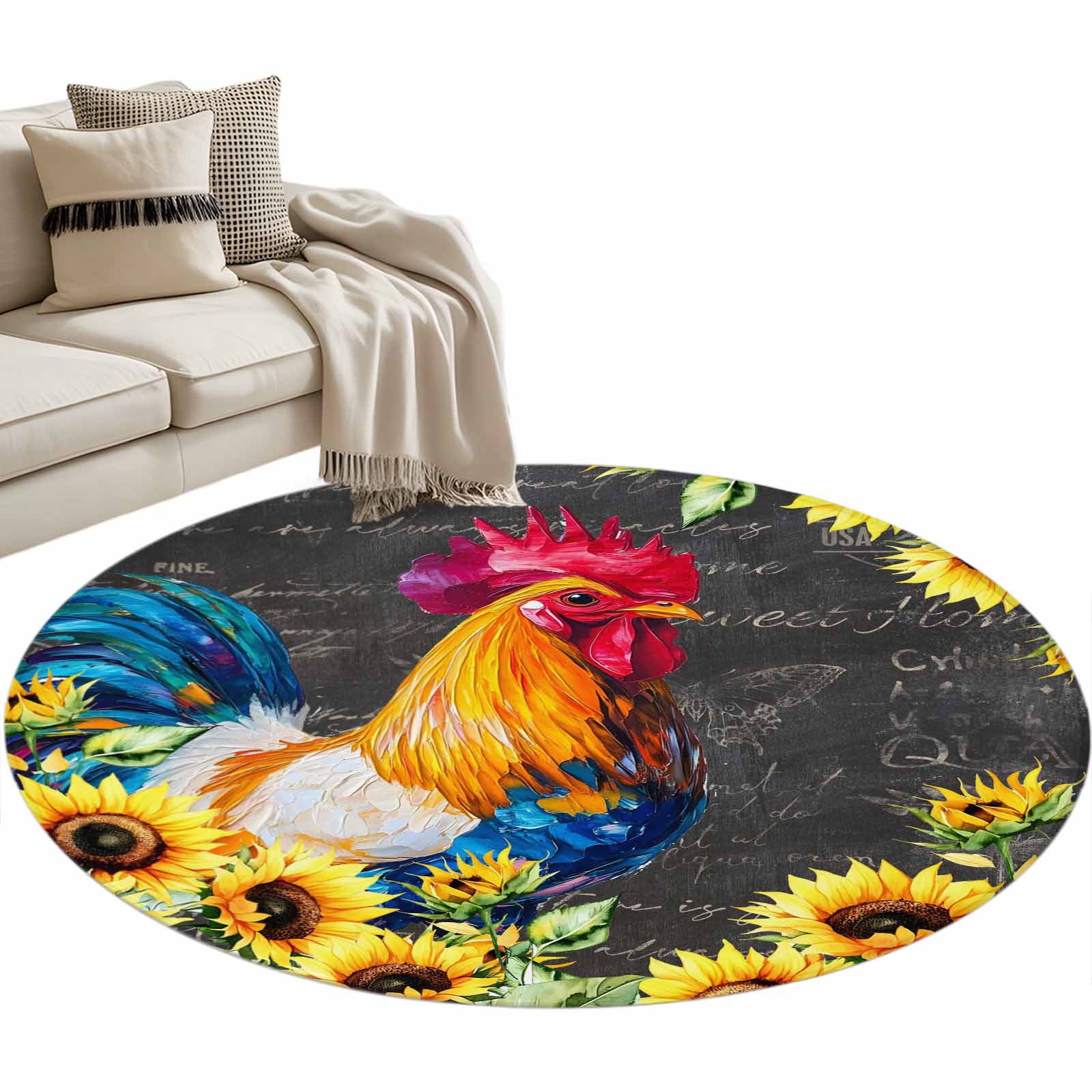 Round Area Rug 3ft Sunflower Rooster Floor Carpets Indoor Floor Area ...