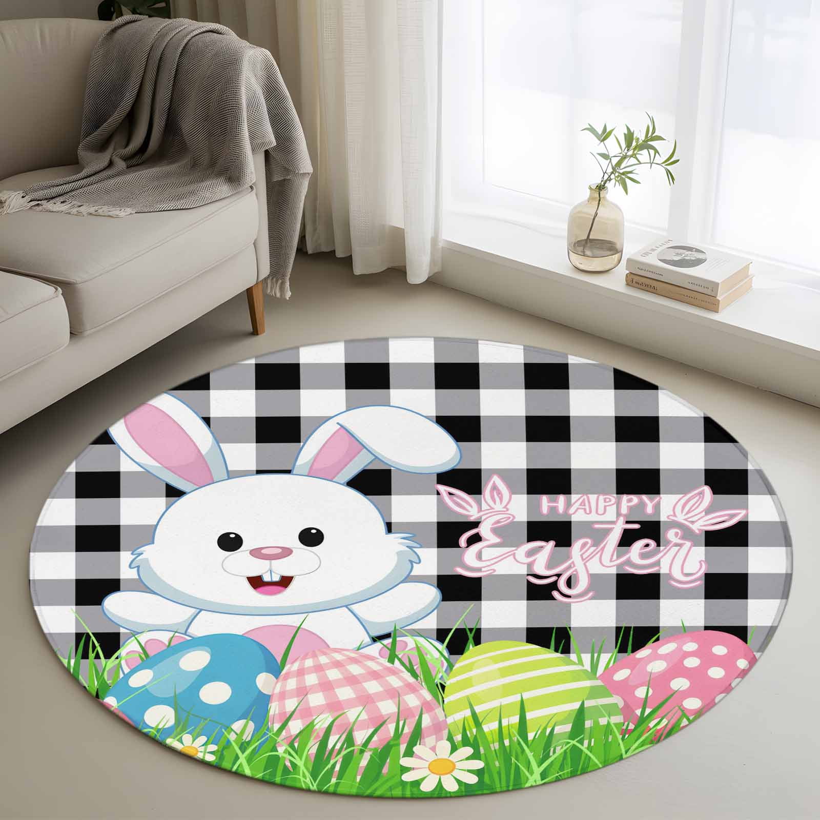 Round Area Rug 4 Ft, Bunny Easter Washable Non-Slip Circle Carpet for ...