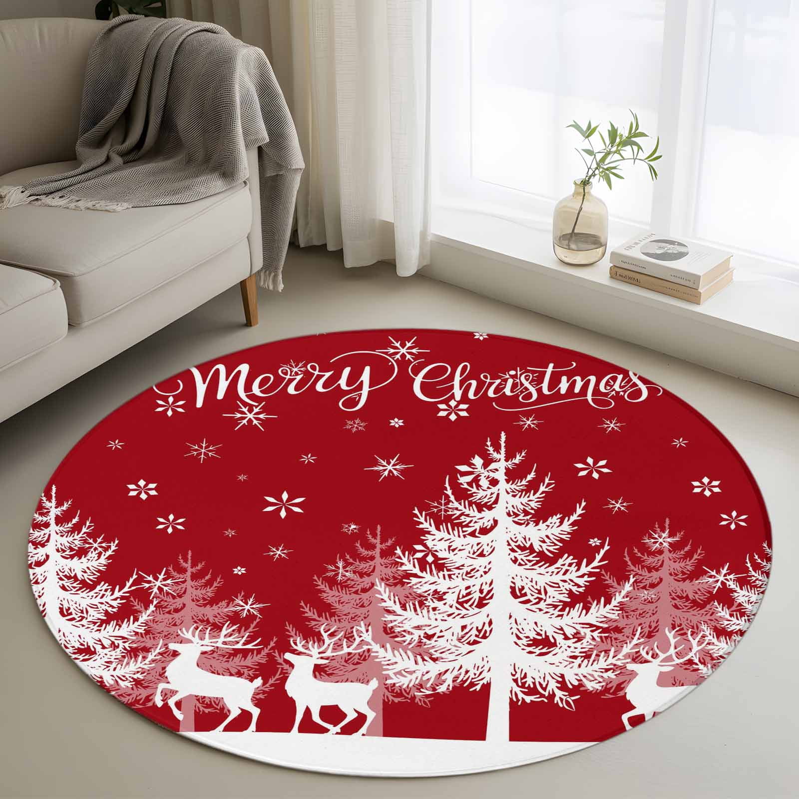 Round Area Rug 4 Ft, Christmas Tree Washable Non-Slip Circle Carpet for ...