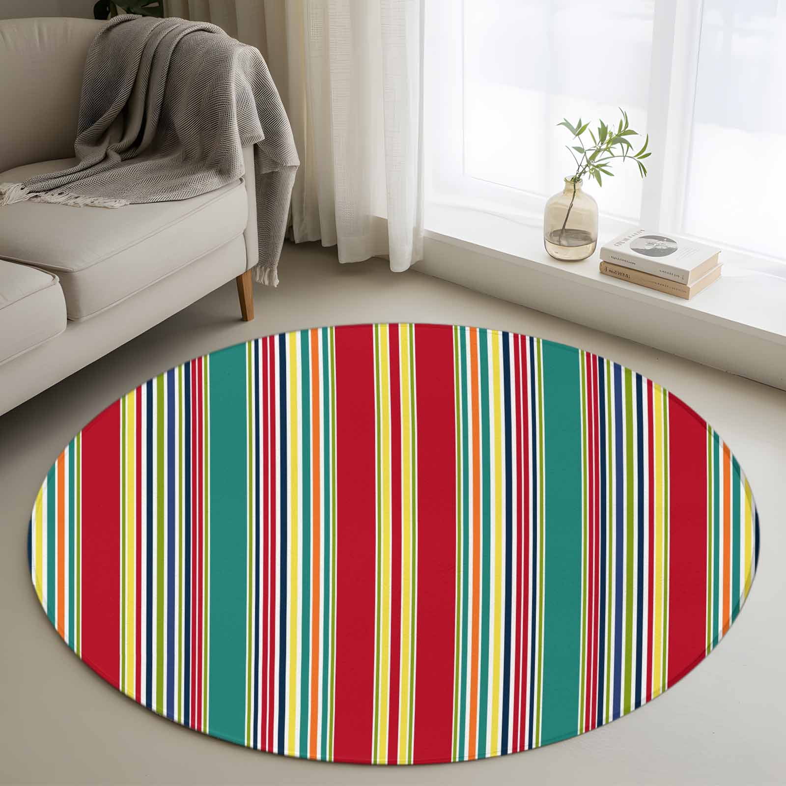 Round Area Rug 4 Ft, Colorful Striped Washable Non-Slip Circle Carpet ...