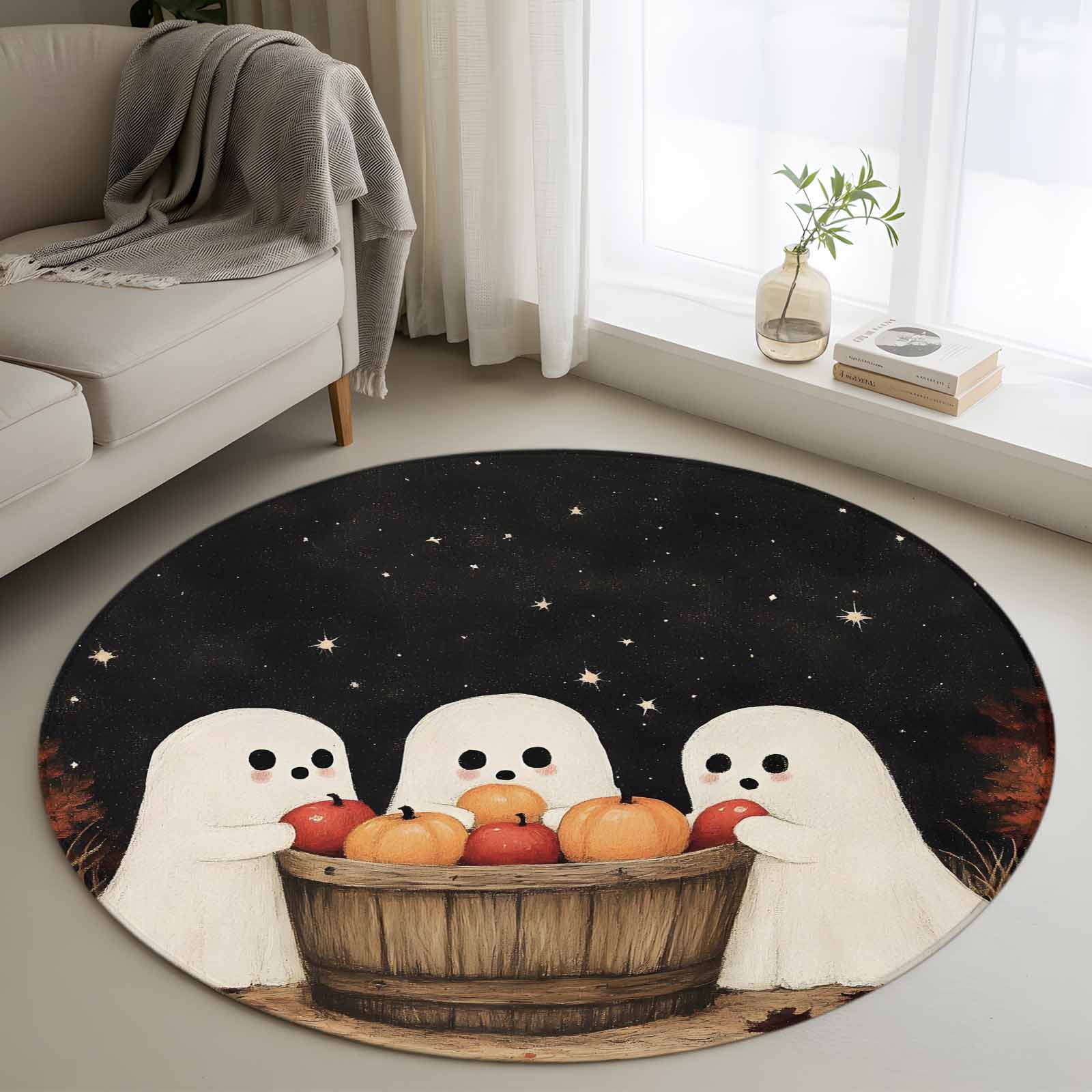 Round Area Rug 4 Ft, Cute Ghost Washable Non-Slip Circle Carpet for ...