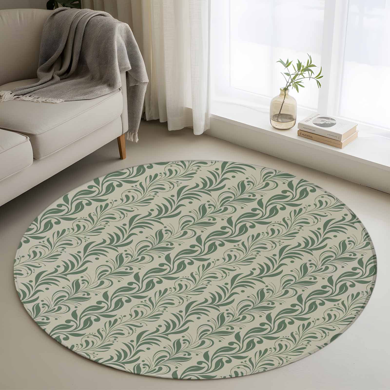 Round Area Rug 4 Ft, Green Floral Washable Non-Slip Circle Carpet for ...