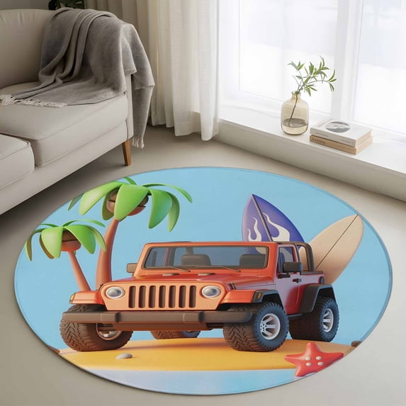 Round Area Rug 4 Ft, Red Car Washable Non-Slip Circle Carpet for Living ...