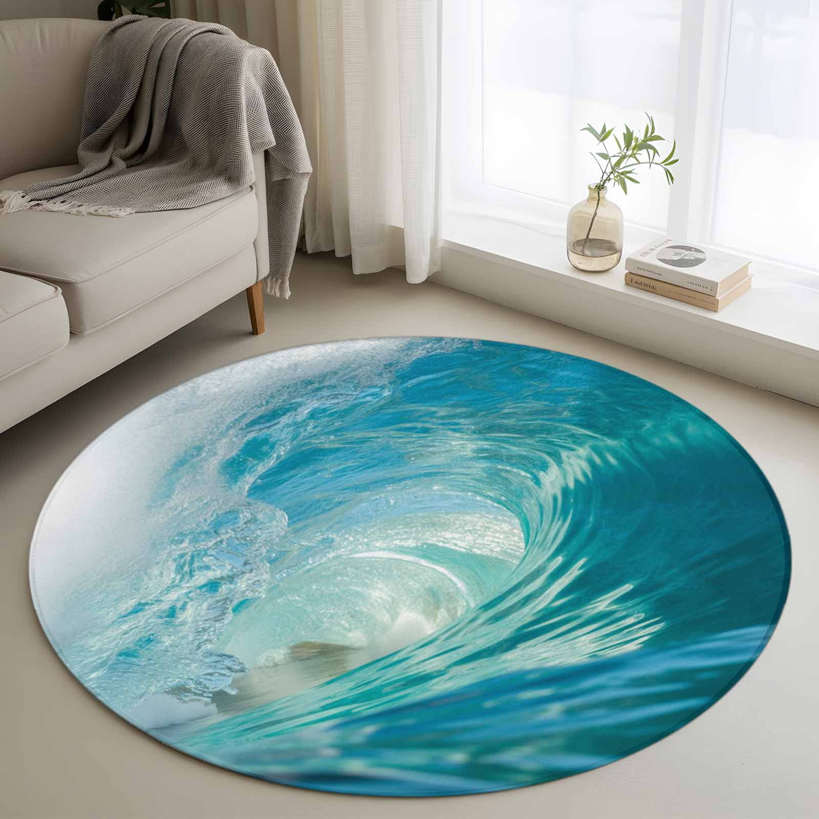 Round Area Rug 4 Ft, Teal Blue Coastal Wave Washable Non-Slip Circle ...