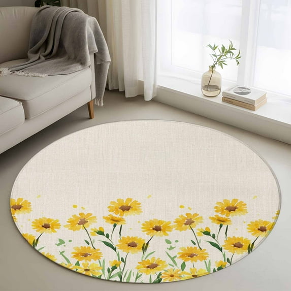 Round Area Rug 4 Ft, Yellow Spring Floral Washable Non-Slip Circle ...