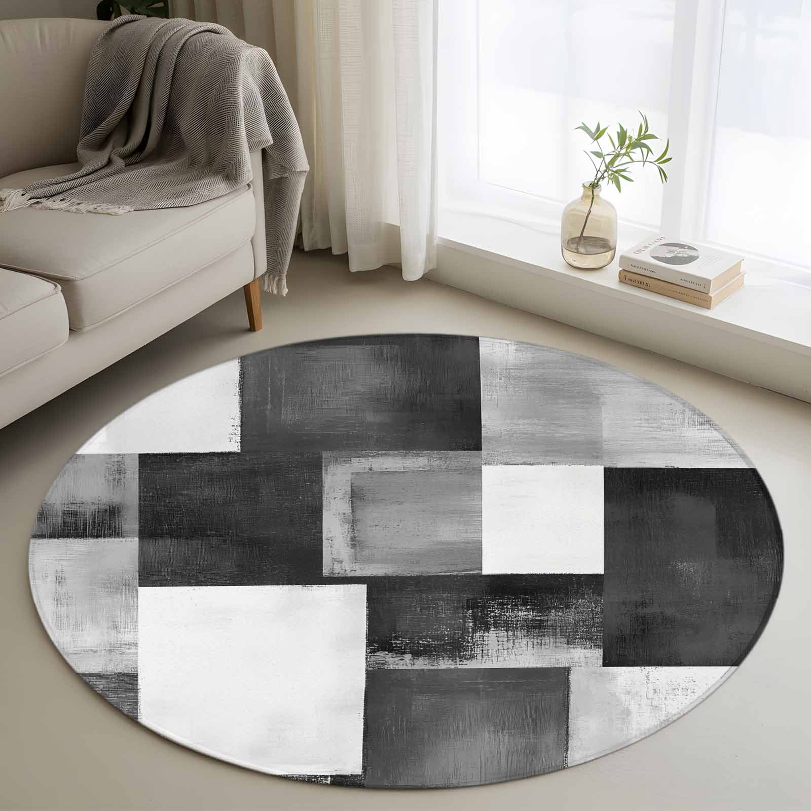 Round Area Rug 4ft, Abstract Black Grey Color Block Non-Shedding ...