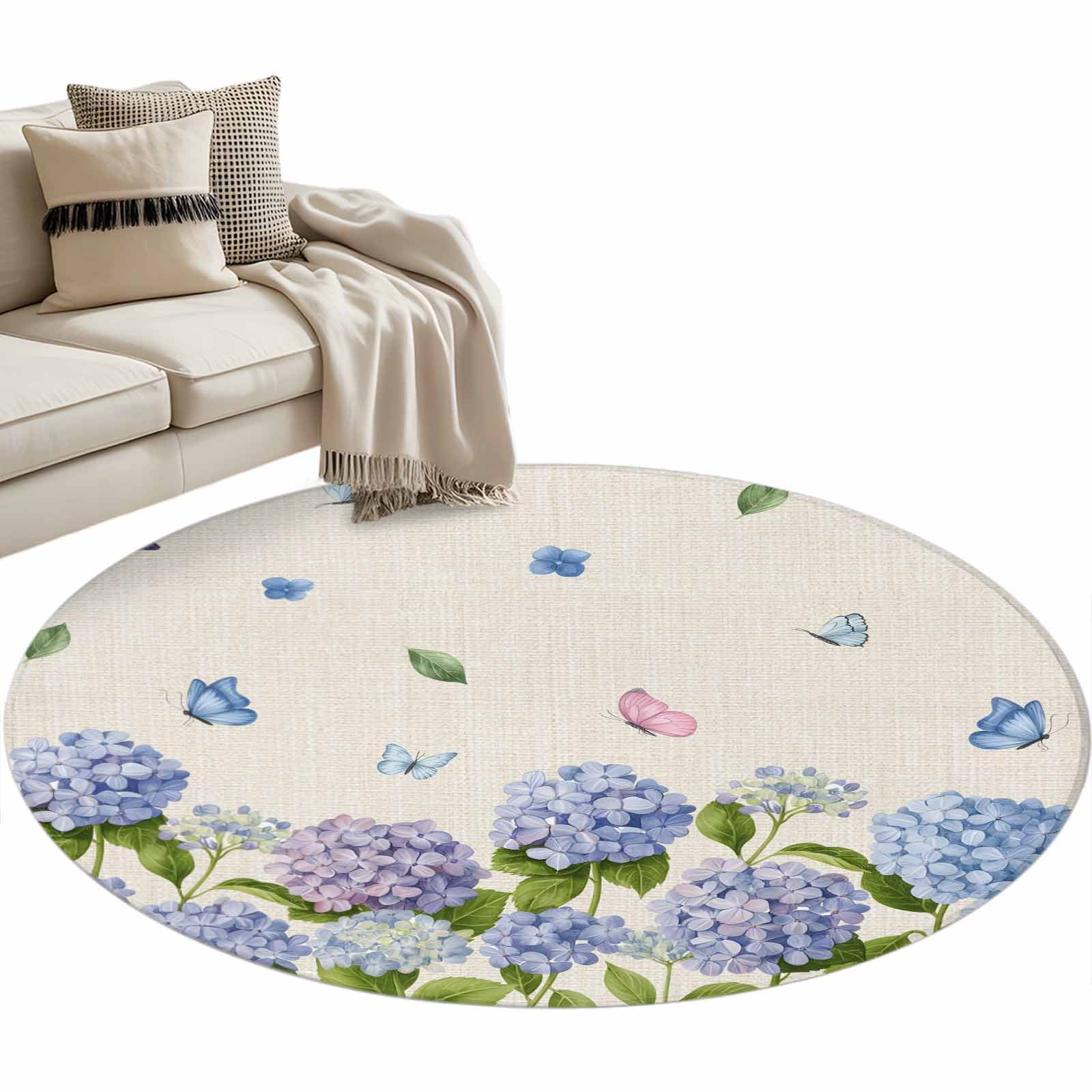 Round Area Rug 4ft Blue Purple Hydrangeas Floor Carpets Indoor Floor ...