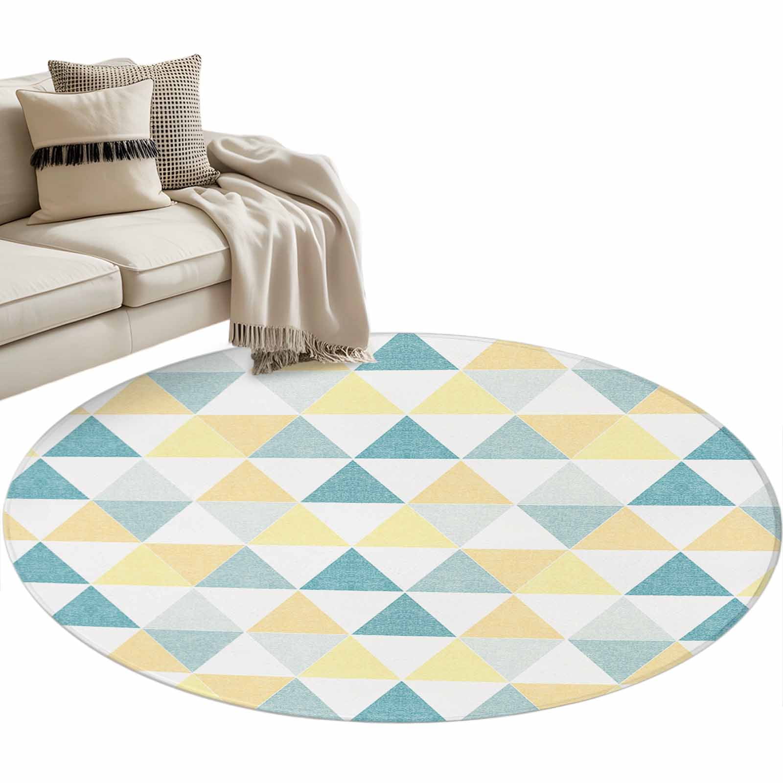 Round Area Rug 4ft Blue Yellow Triangle Geometric Floor Carpets Indoor ...