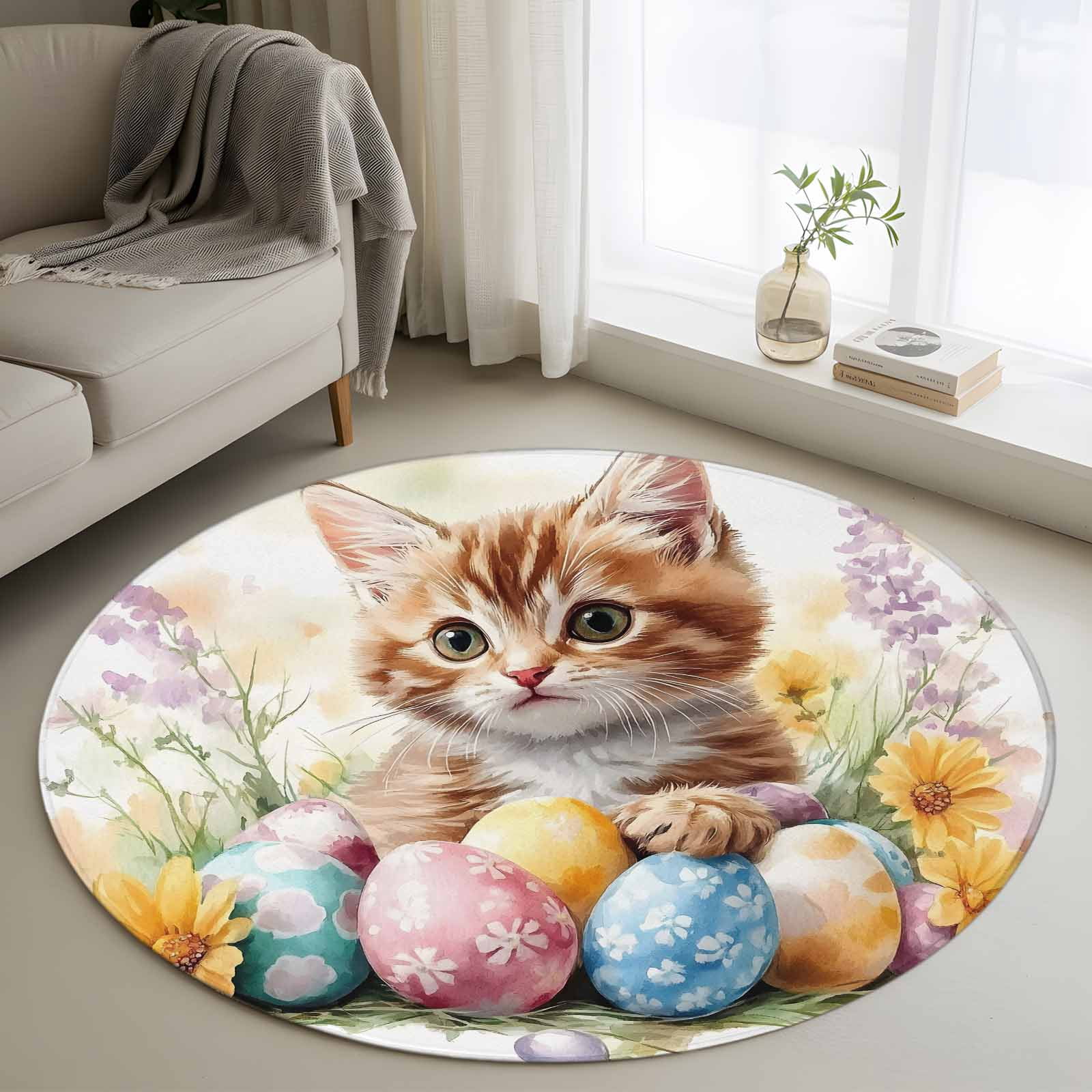 Round Area Rug 4ft, Cartoon Cute Cat Easter Colorful Egg Non-Shedding ...
