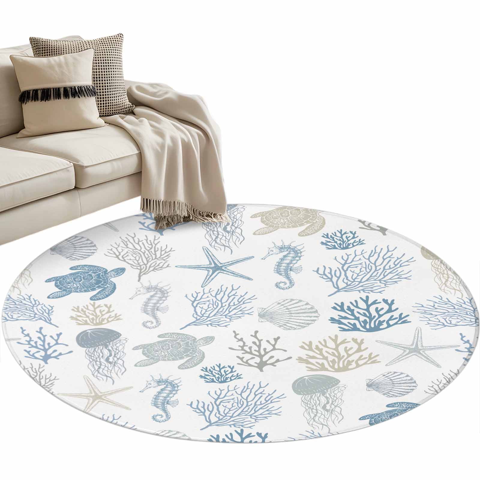 Round Area Rug 4ft Coastal Nautical Coral Floor Carpets Indoor Floor ...