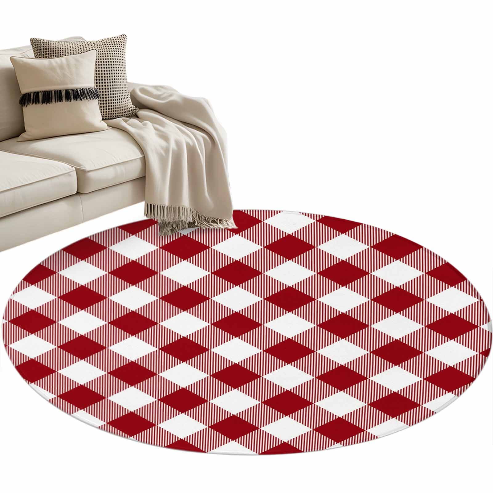 Round Area Rug 4ft Dark Red Buffalo Check Plaid Floor Carpets Indoor ...