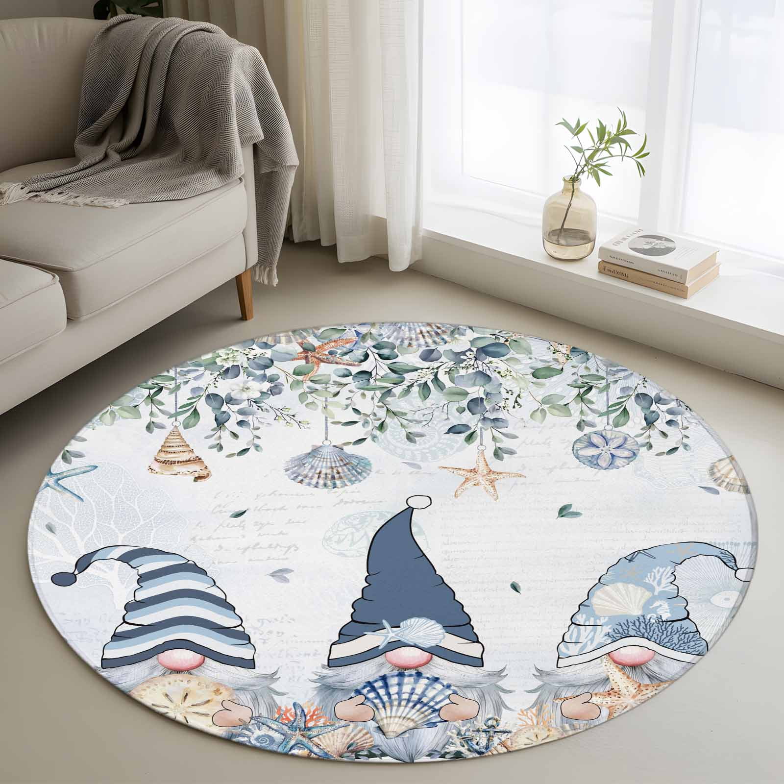 Round Area Rug 4ft, Dwarf Ocean Shell Starfish Non-Shedding Washable ...