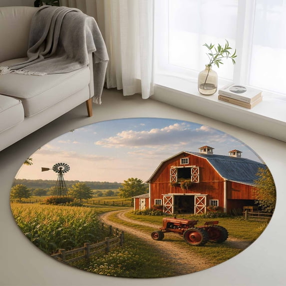 Round Area Rug 4ft, Farmhouse Barn Tractor Non-Slip Non-Shedding Floor ...