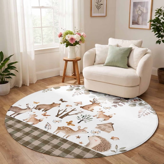 Round Area Rug 4ft Forest Deer Bear Hedgehog Low Pile Washable Rug Soft ...