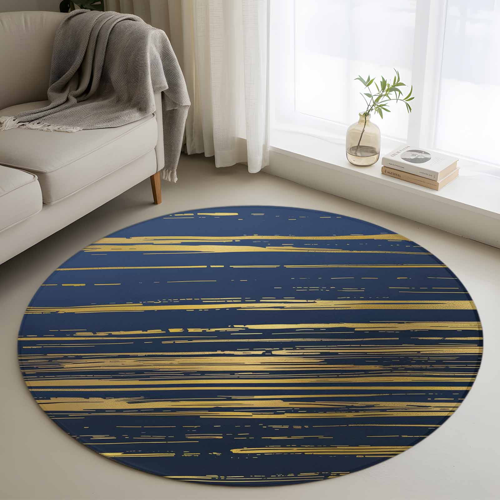 Round Area Rug 4ft, Gold Line on Navy Blue Non-Slip Non-Shedding Floor ...