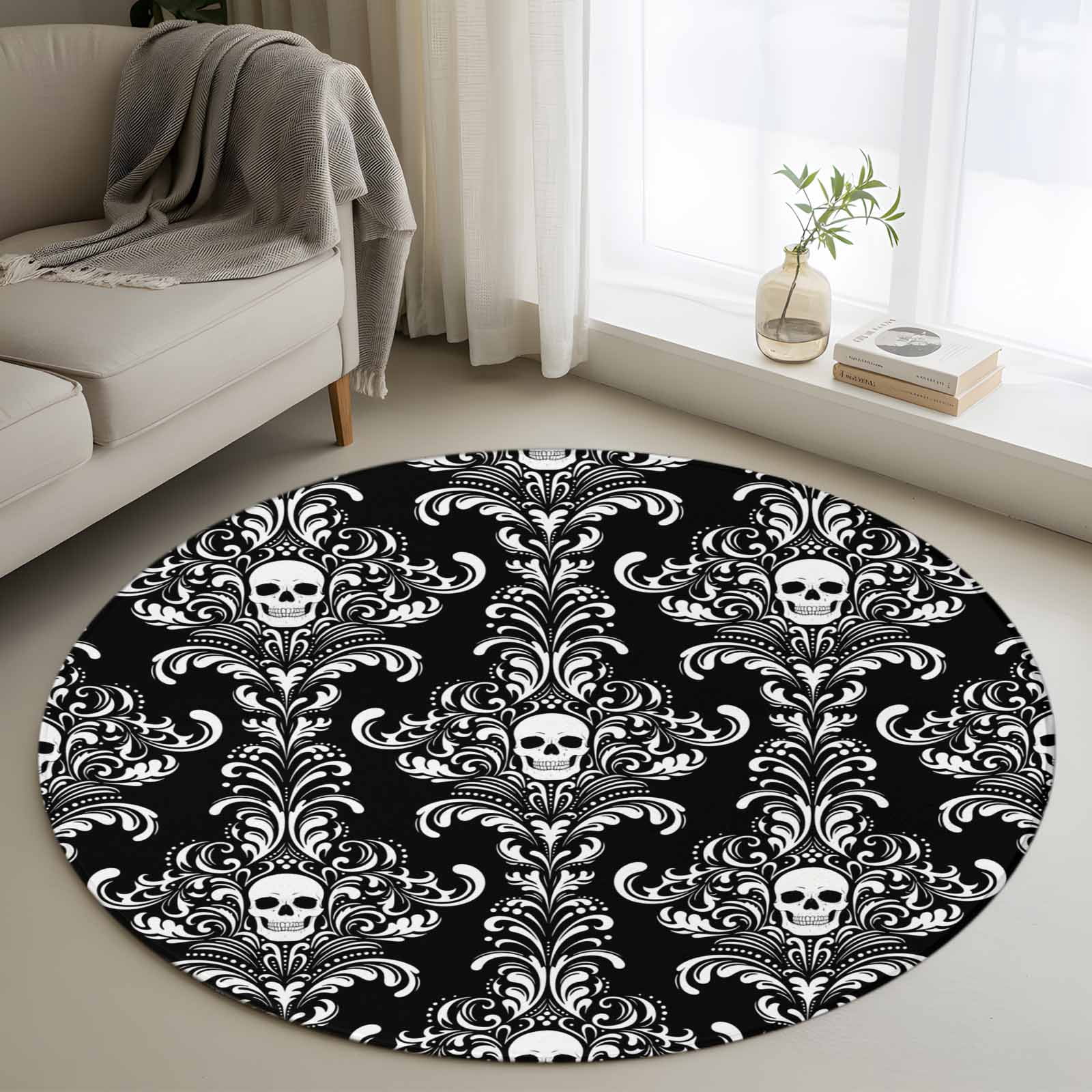Round Area Rug 4ft, Halloween Scary Skull Skeleton Damask Flower Non ...