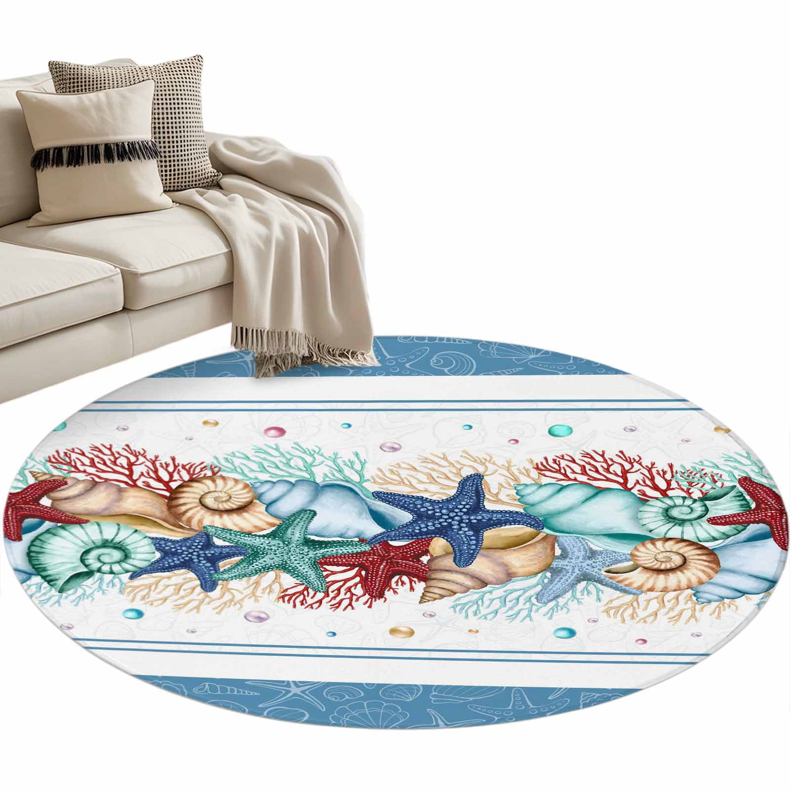 Round Area Rug 4ft Ocean Coral Starfish Conch Floor Carpets Indoor ...