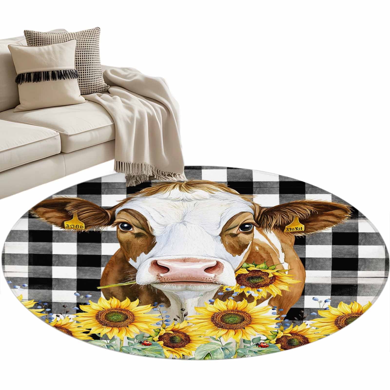 Round Area Rug 4ft Sunflower Cow Floor Carpets Indoor Floor Area Mat ...