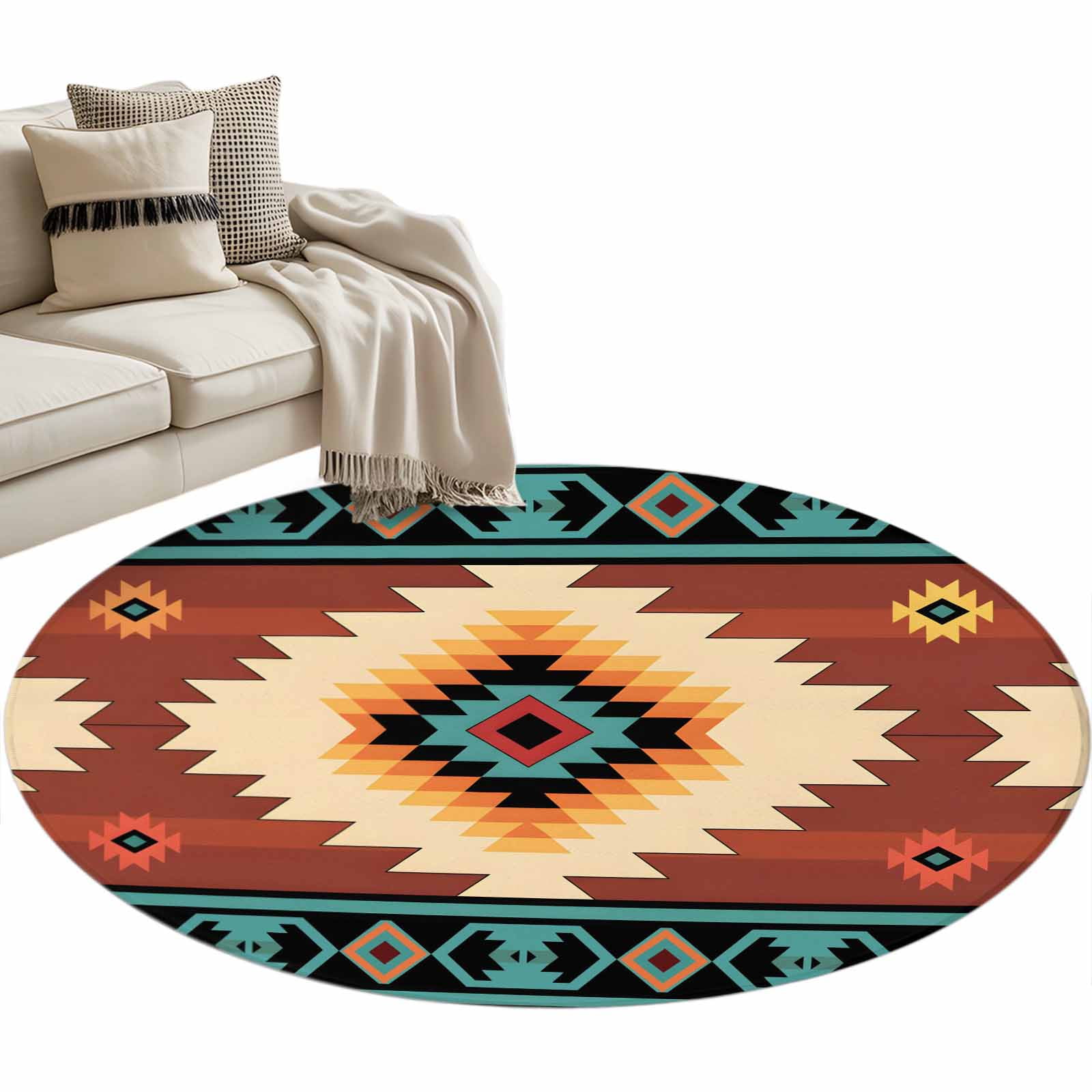 Round Area Rug 4ft Teal Red Tribal Geometric Carpets Indoor Floor Area ...