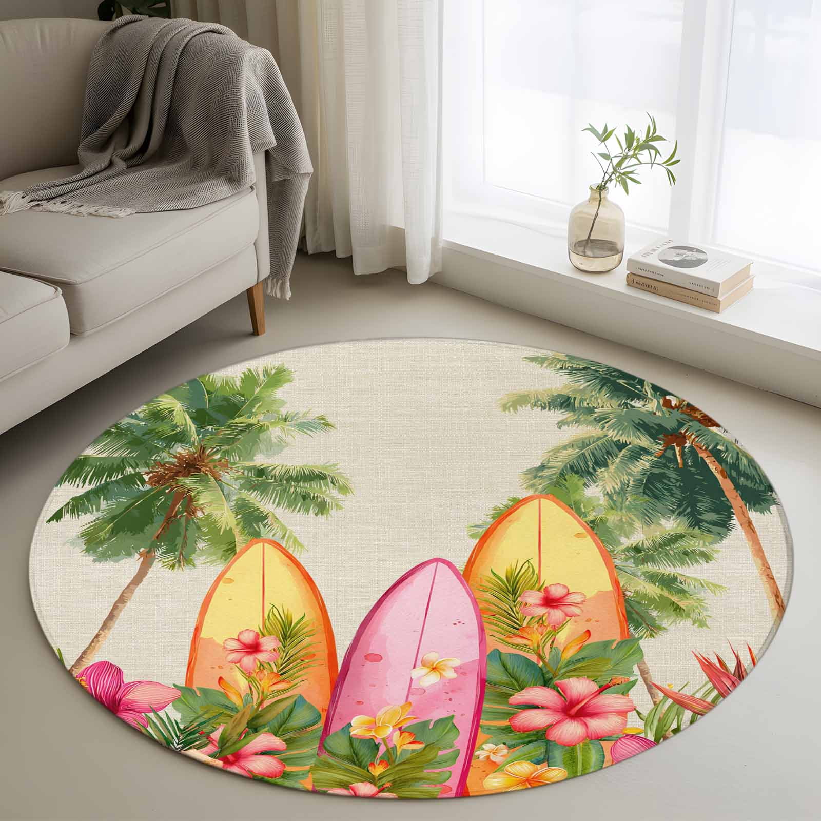 Round Area Rug 4ft, Tropical Surfboard Pink Flowers Non-Slip Non ...