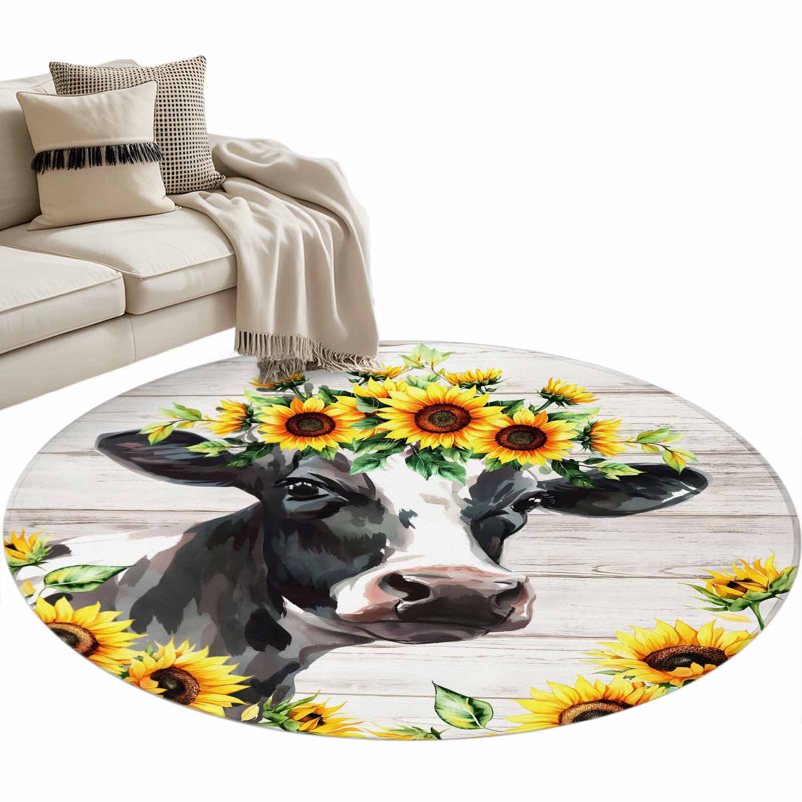 Round Area Rug 4ft Yellow Sunflower Cow Floor Carpets Indoor Floor Area ...