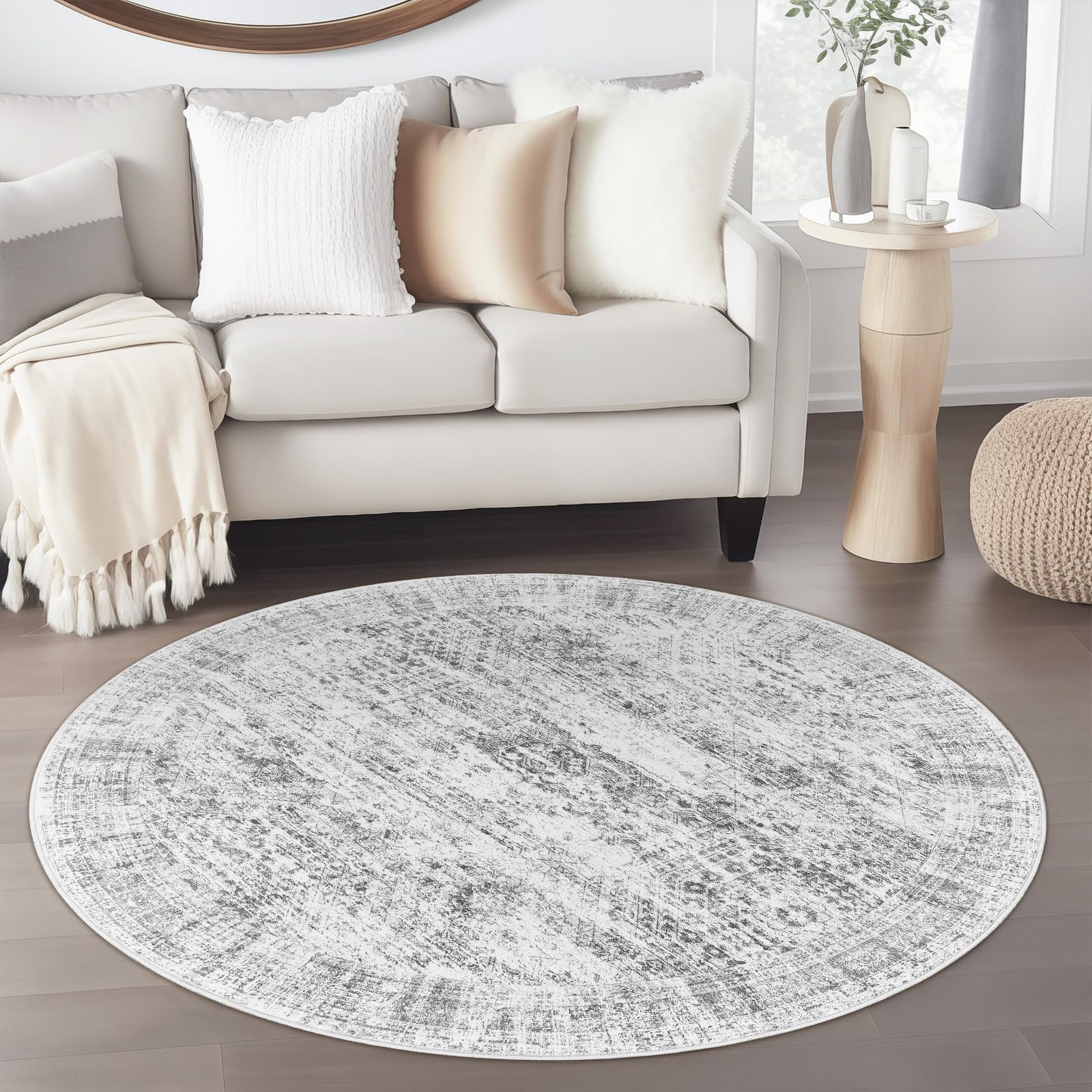 Round Area Rug 4x4 Feet Gray Washable Non-Slip Rug for Entryway Living ...