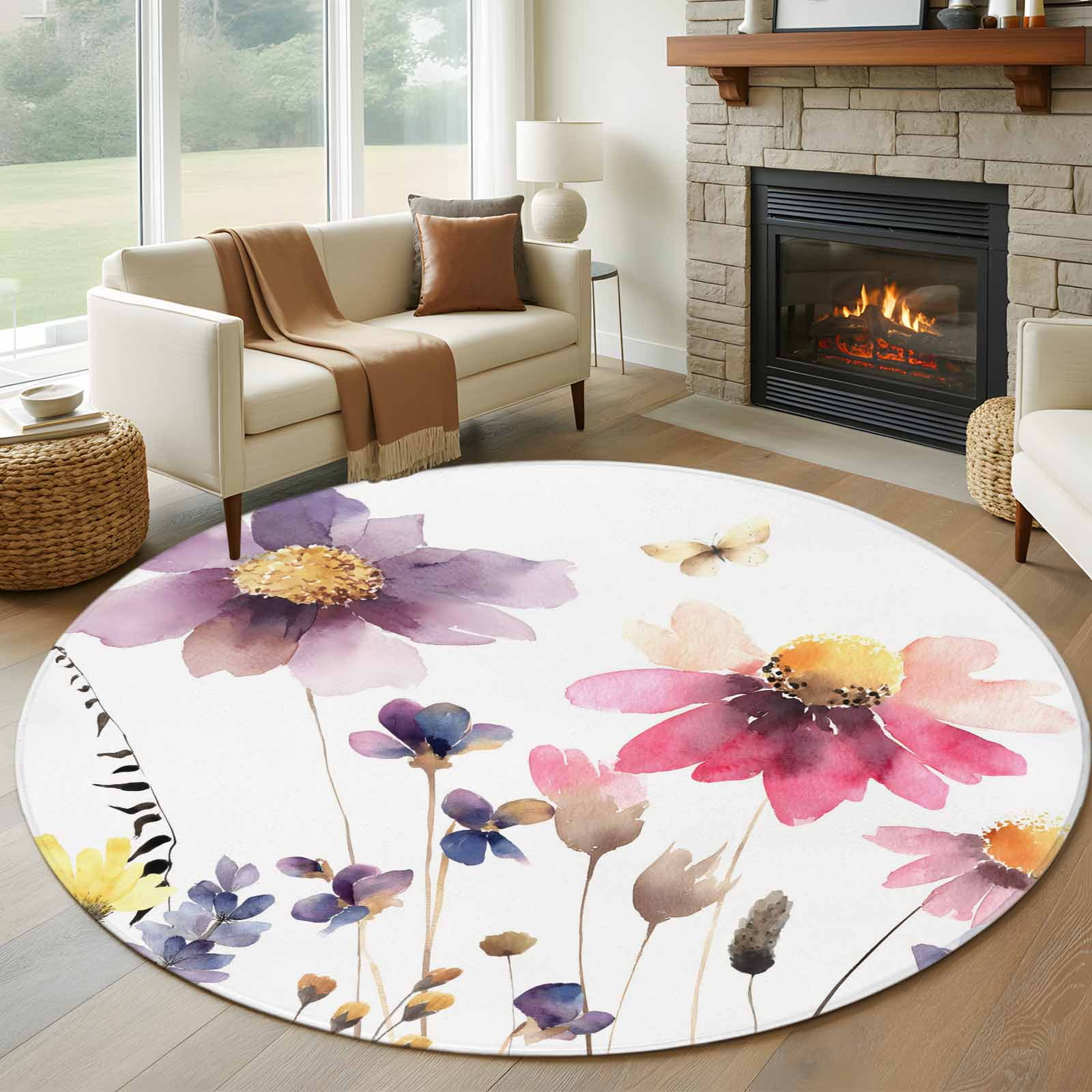 Round Area Rug 5 Ft, Purple Spring Floral Washable Non-Slip Circle ...