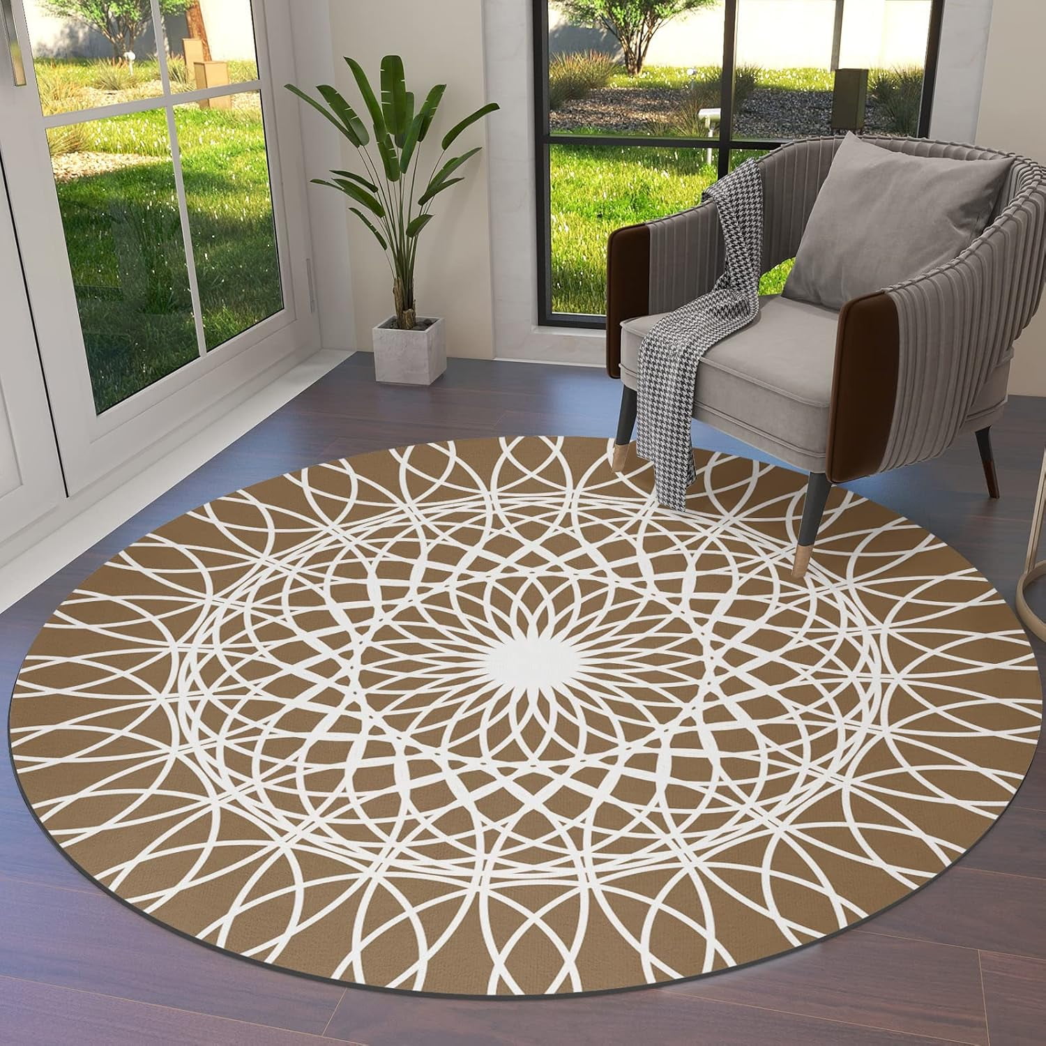 Round Area Rug 5ft Brown Mandala Flower Floor Carpets Washable Indoor ...