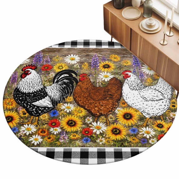Round Area Rug - 5ft Farmhouse Rooster Sunflower Non Slip Washable ...