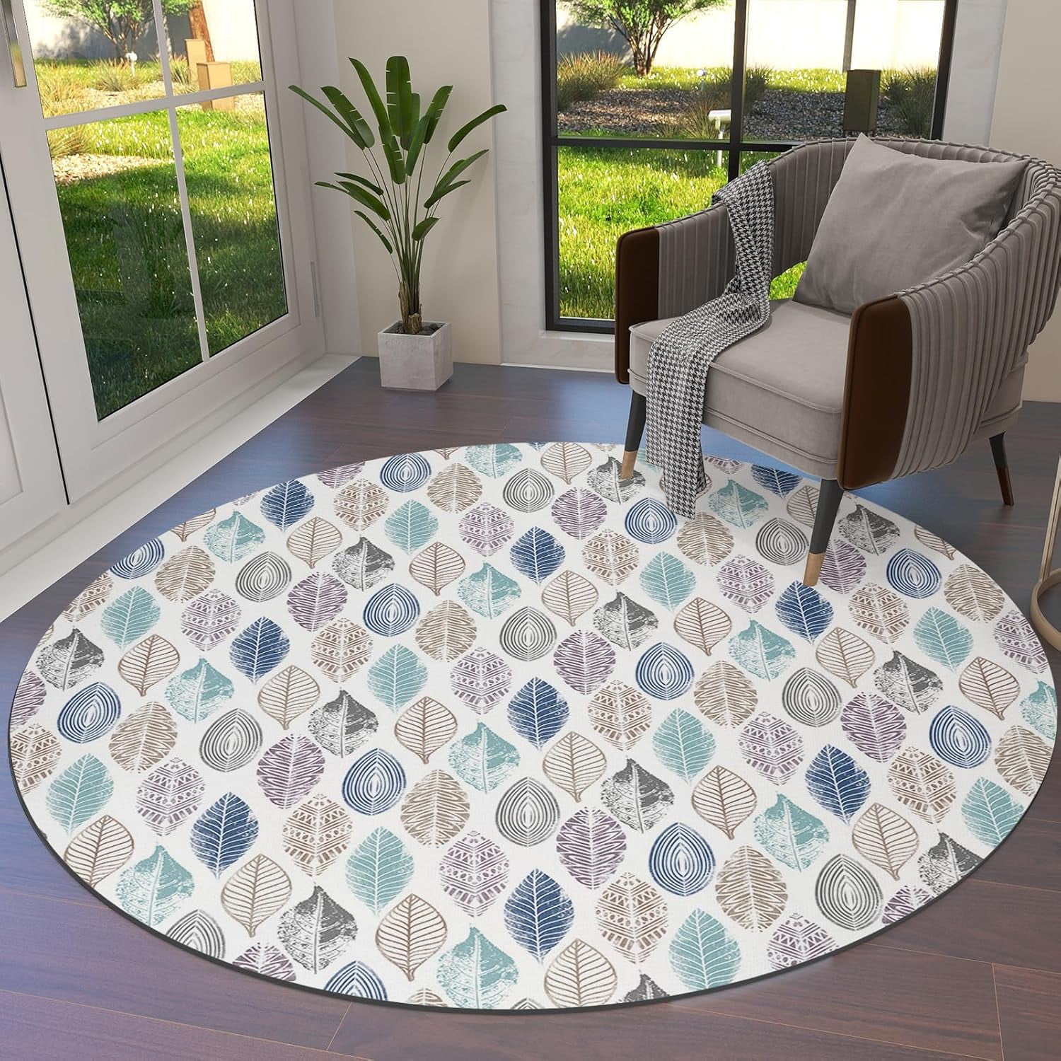 Round Area Rug 5ft Green Gray Leves Pattern Floor Carpets Washable ...