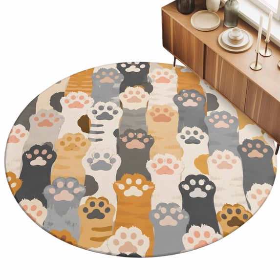 Round Area Rug - 5ft Seamless Cat Paw Pattern Non Slip Washable Circle ...