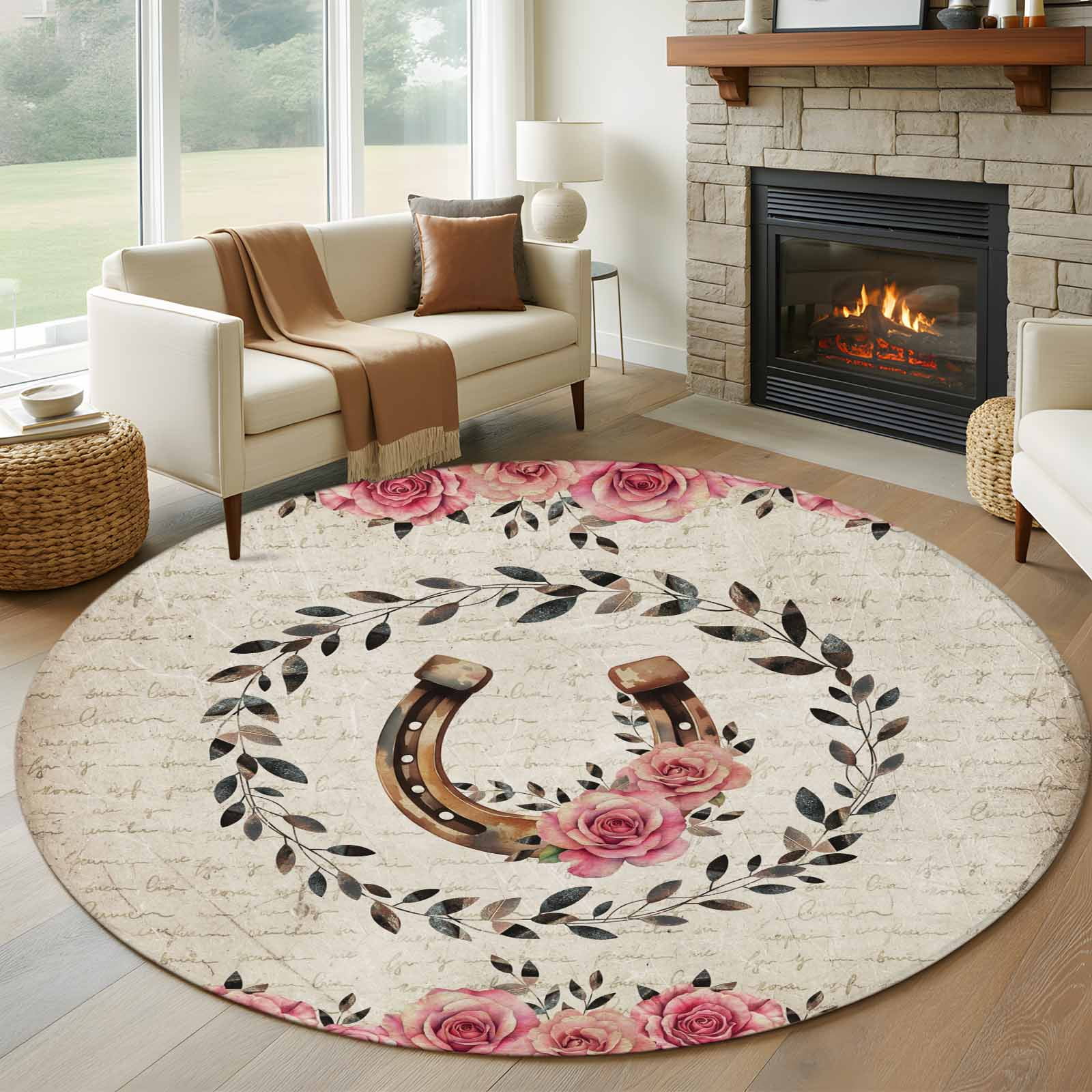 Round Area Rug 6 Ft, Pink Roses Washable Non-Slip Circle Carpet for ...