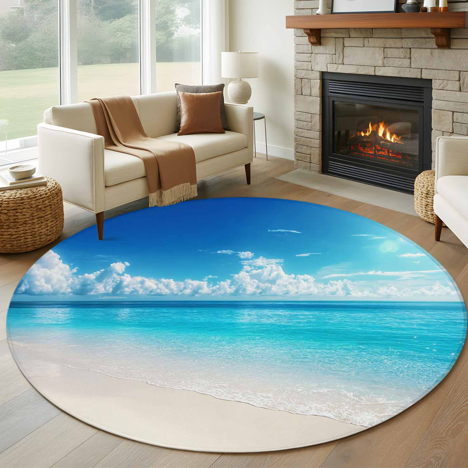Round Area Rug 7 Ft, Coastal Beach Washable Non-Slip Circle Carpet for ...