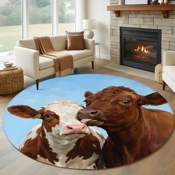 Round Area Rug 8 Ft, Brown Cows Washable Non-Slip Circle Carpet for ...