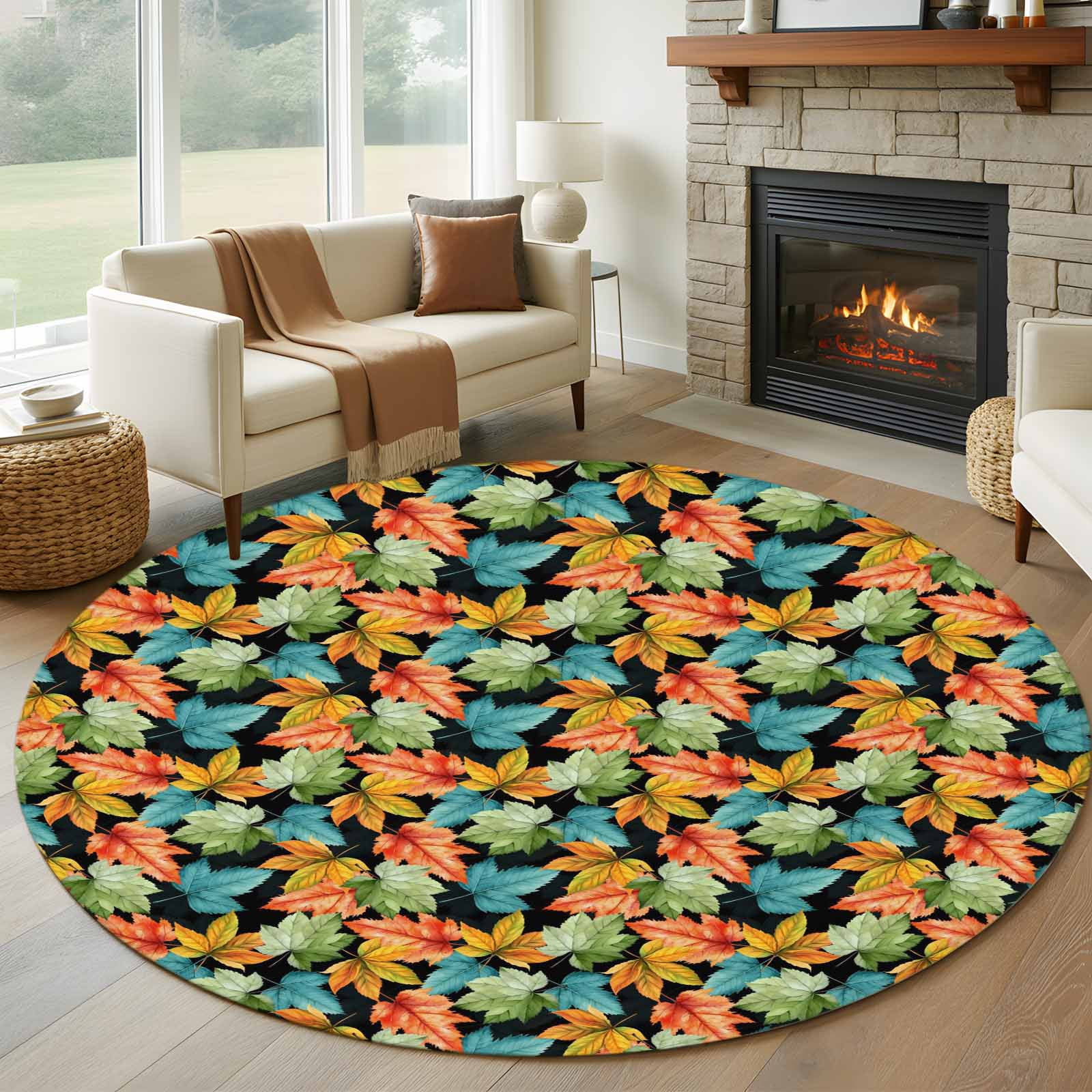 Round Area Rug 8 Ft, Fall Orange Green Maple Leaf Washable Non-Slip ...