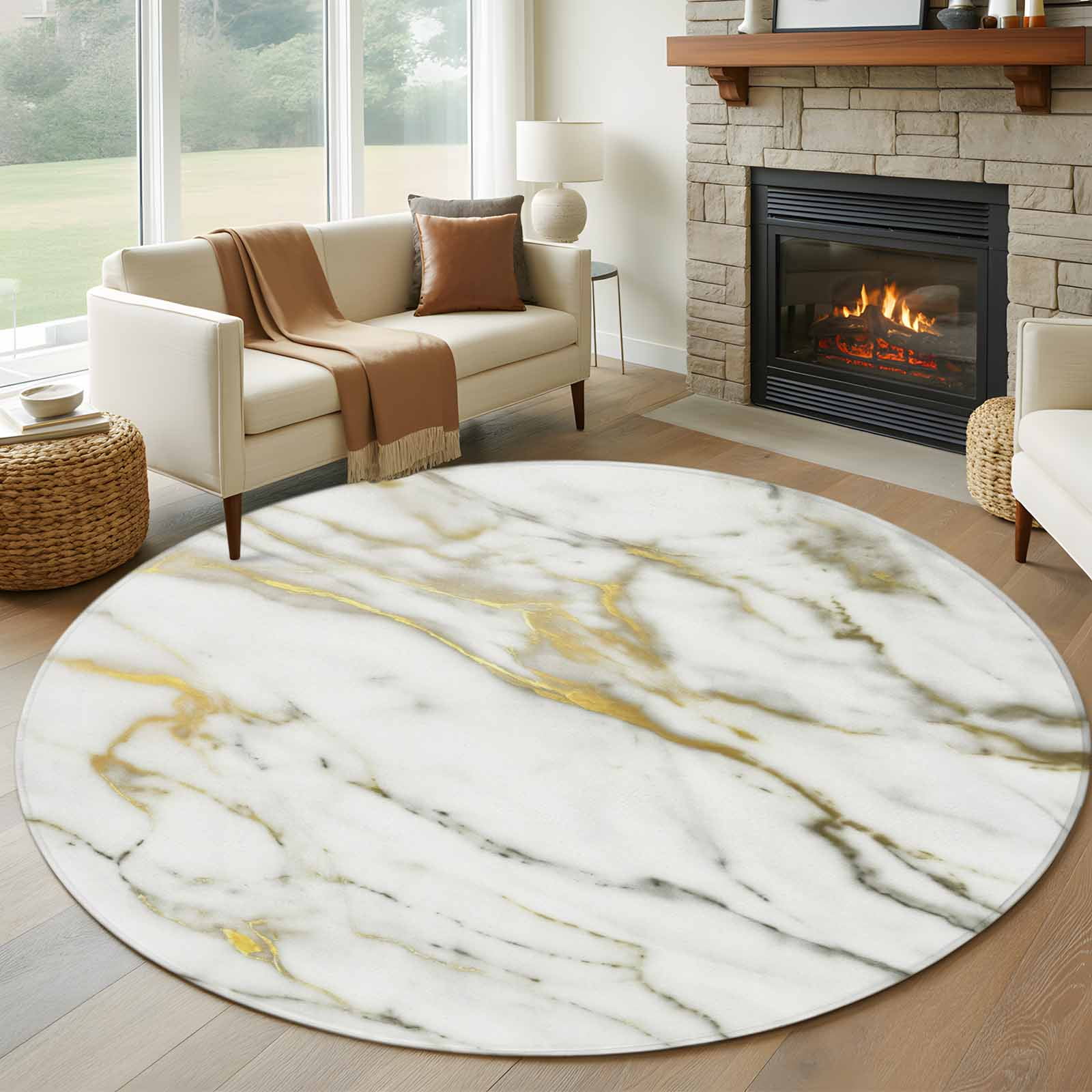 Round Area Rug 8 Ft, Golden Marble Washable Non-Slip Circle Carpet for ...
