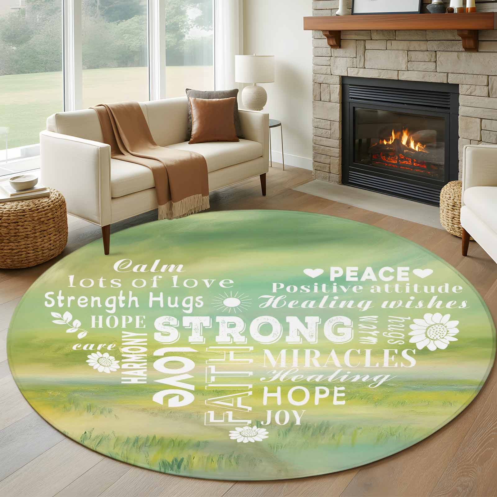 Round Area Rug 8 Ft, Love Peace Text Washable Non-Slip Circle Carpet ...