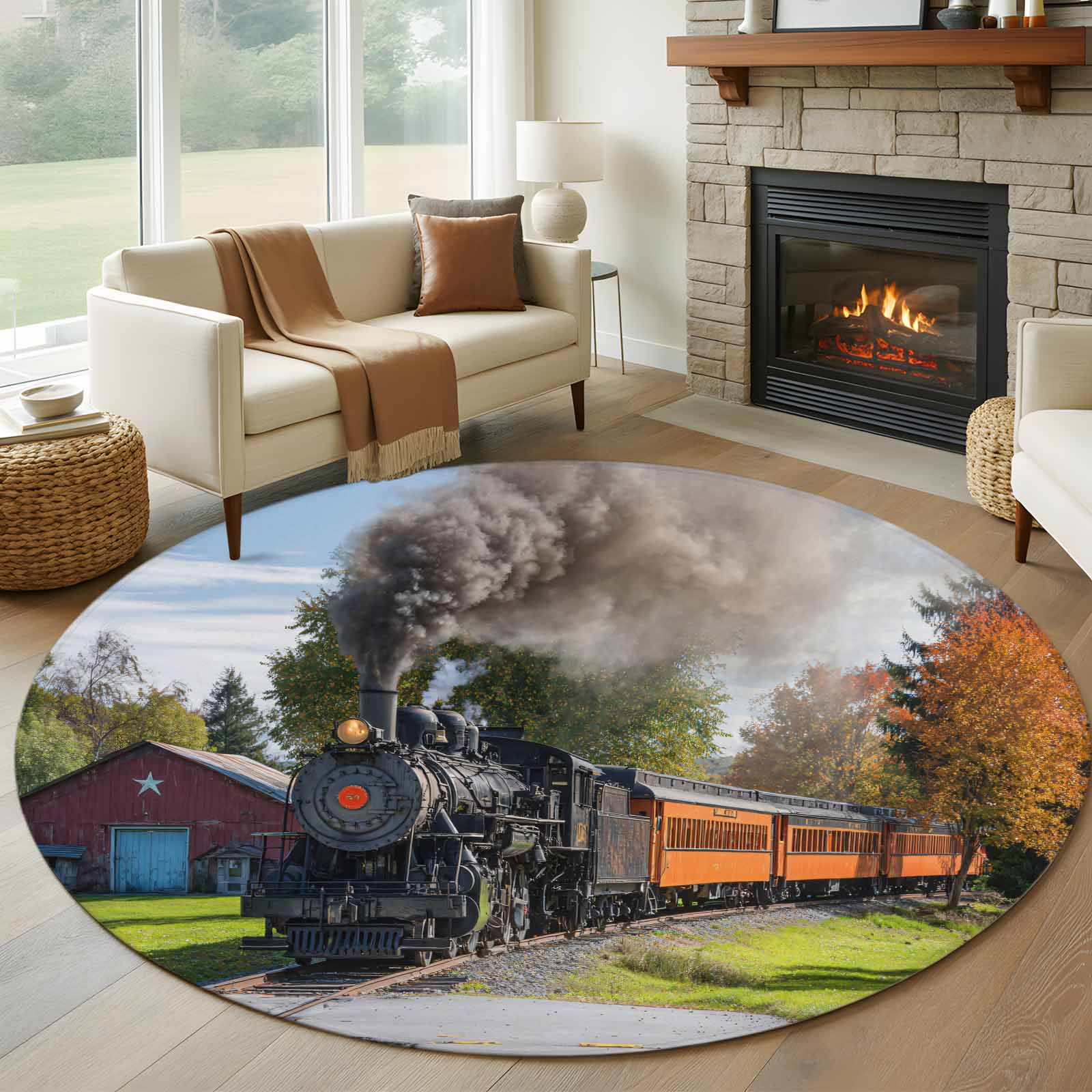 Round Area Rug 8 Ft, Steam Train Washable Non-Slip Circle Carpet for ...