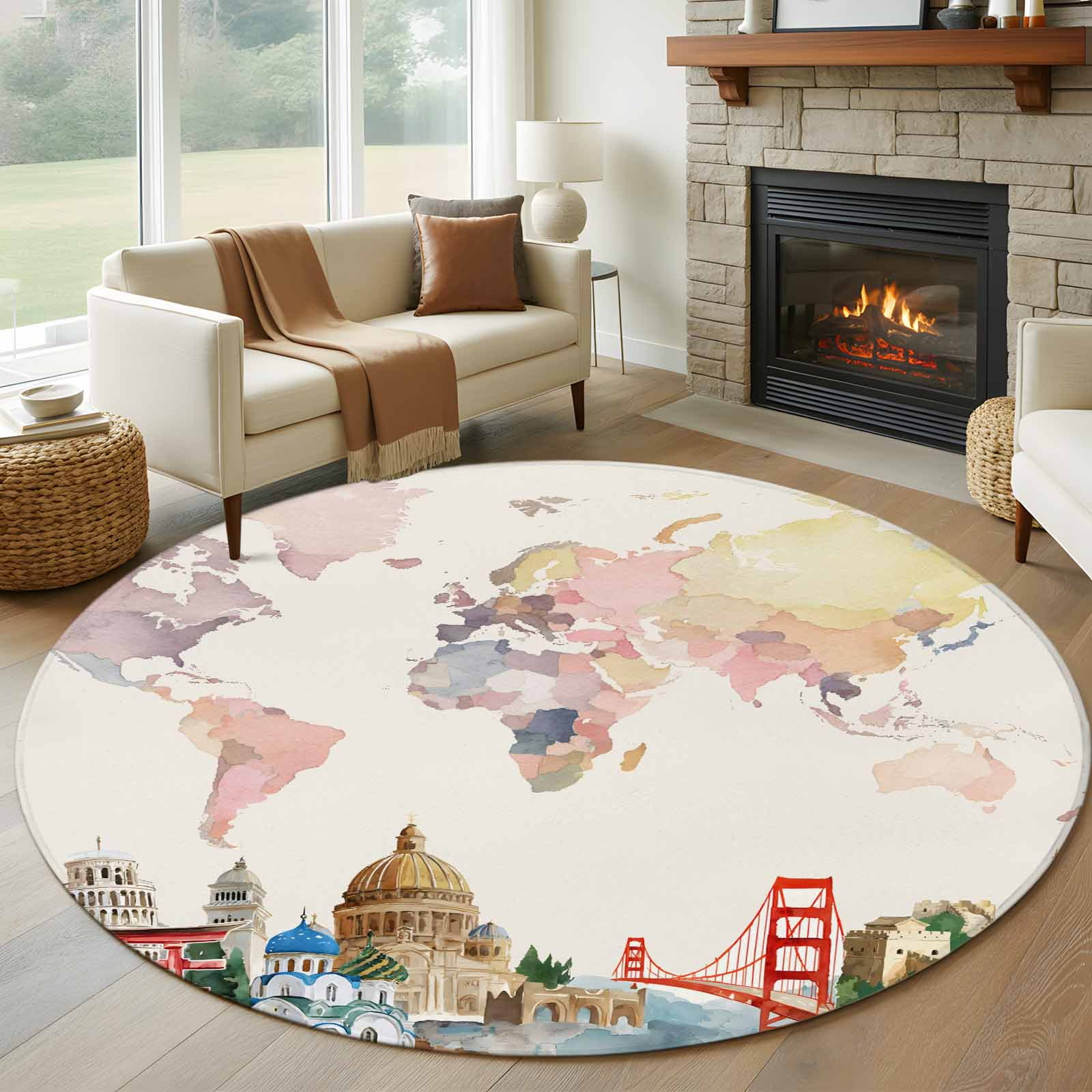 Round Area Rug 8 Ft, World Map Washable Non-Slip Circle Carpet for ...
