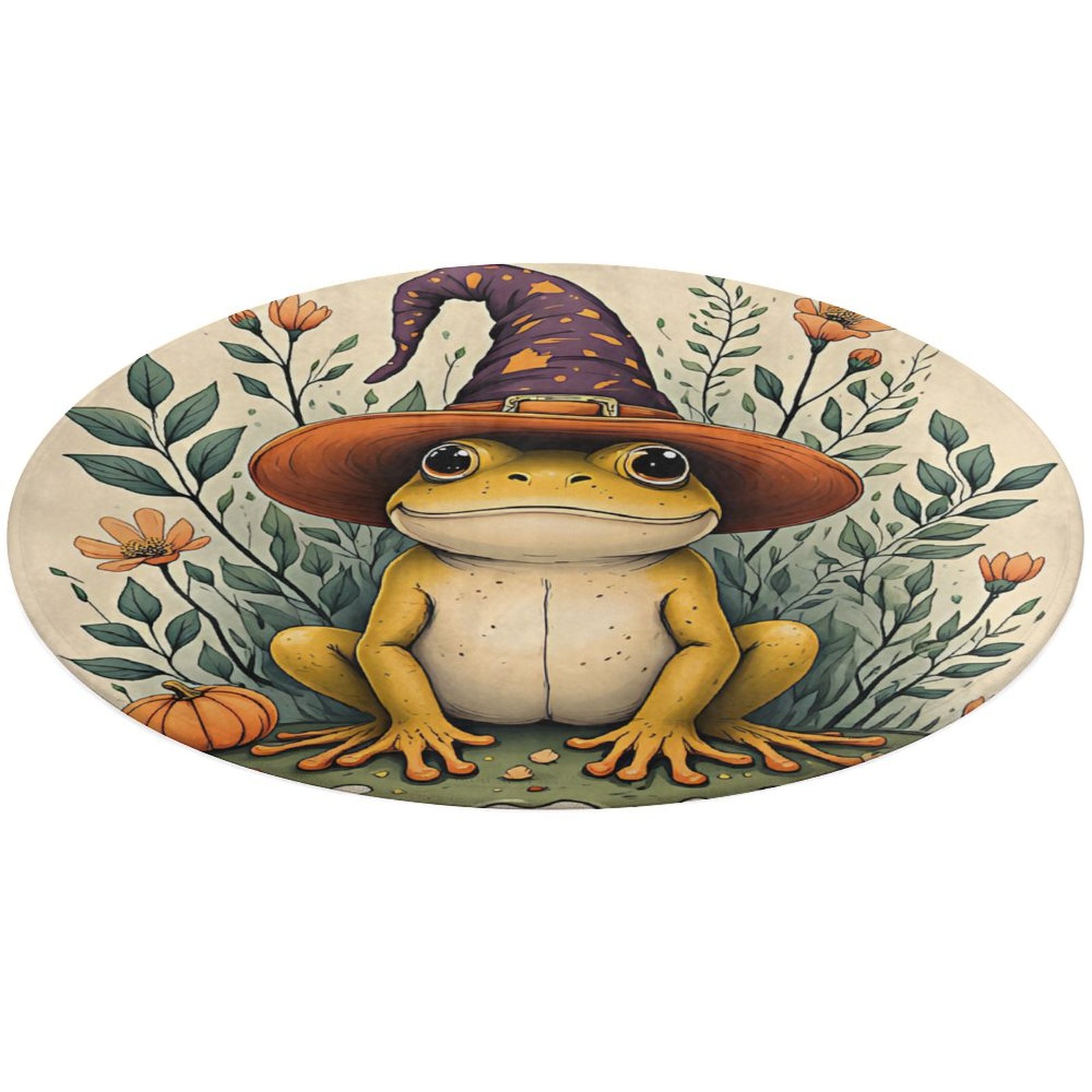 Round Area Rug Cute Frog Wearing Witch Hat Autumn Scene Indoor Floor ...