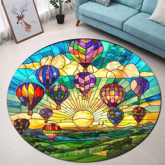 Round Area Rug, Hot Air Balloon Non-Slip Floor Mat, Soft Washable ...